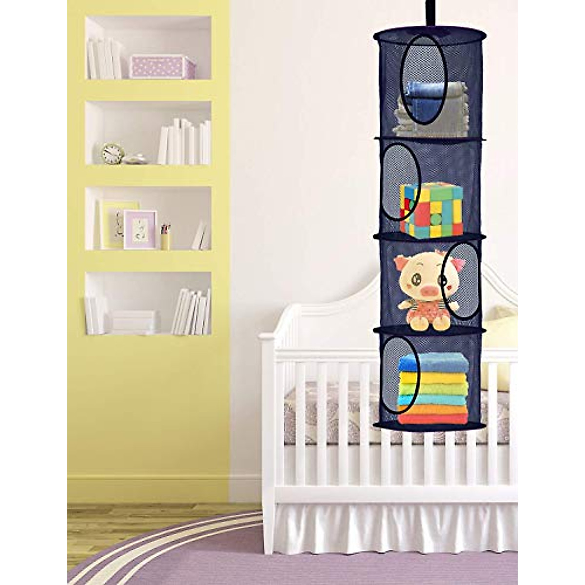 2Pcs Foldable Hanging Storage Mesh Space Saver Bags Organizer,Foldable Suspension Storage 4 Compartments Toy Storage Organizer for Kid Room Toys, Gloves,Hats,Socks Storage 43.5"x 12" Dark Blue