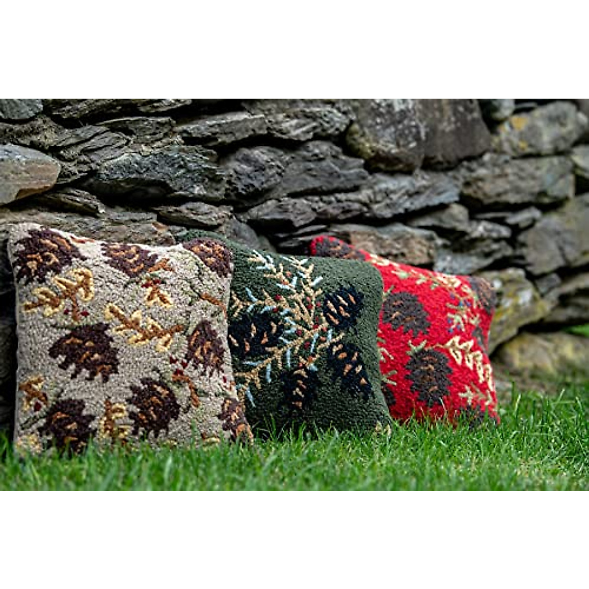 Chandler 4 Corners Artist-Designed Northwoods Cones Hand-Hooked Wool Decorative Throw Pillow (18” x 18”) Lake & Lodge Pillow for Couches & Beds - Easy Care & Low Maintenance - Square Cabin Pillow