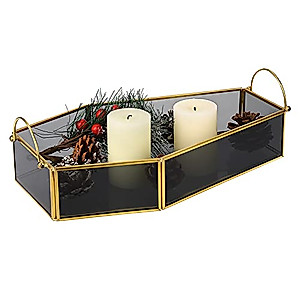 ELLDOO Gold Black Glass Coffin Tray, Gothic Home Decor Jewelry Tray, Coffin Shape Serving Tray, Spooky Decorative Tray Candle Tray with Handle for Halloween