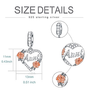SLIACETE Aunt Charms for Bracelets 925 Sterling Silver Rose Flower Heart Dangle Charms Aunt Jewelry Birthday Gifts for Women Auntie