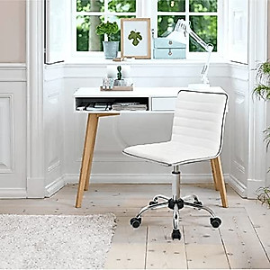 Small Task Chair for Women, Low Back Armless PU Leather Ribbed Computer Executive Cute Desk Chair with Wheels, Rolling Chair Vanity Makeup Chair Silla Para Mujer for Office Vanity Makeup Room