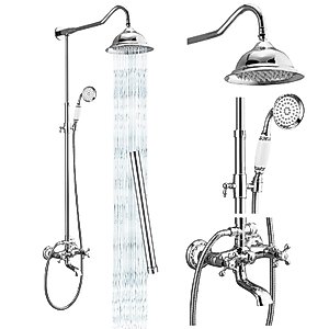 gotonovo Exposed Shower System Set Polish Chrome 8 Rain Shower Faucet 2 Double Knobs Handle Triple Function Tub Spout Luxry Shower Fixture Combo Unit Set 12 Inch Extension Tube Included