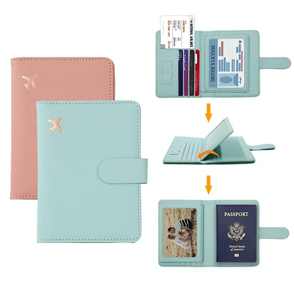 Melsbrinna 2 Pack Passport Holder,Passport Cover Case,Passport Holder with Ideal Holder for Various 4x3 Inch Cards,Rfid Blocking Travel Wallet for Family,Couples,Friends (Pink+Aqua green)