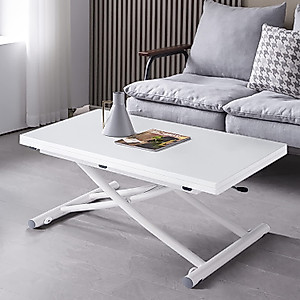 MYSELFLY Living Room Dinning Tables Folding Metal Lift Bracket Multifunction Transform Dinner Kitchen Coffee Tea End Table in Home Wood Desktop Design 40x35 White
