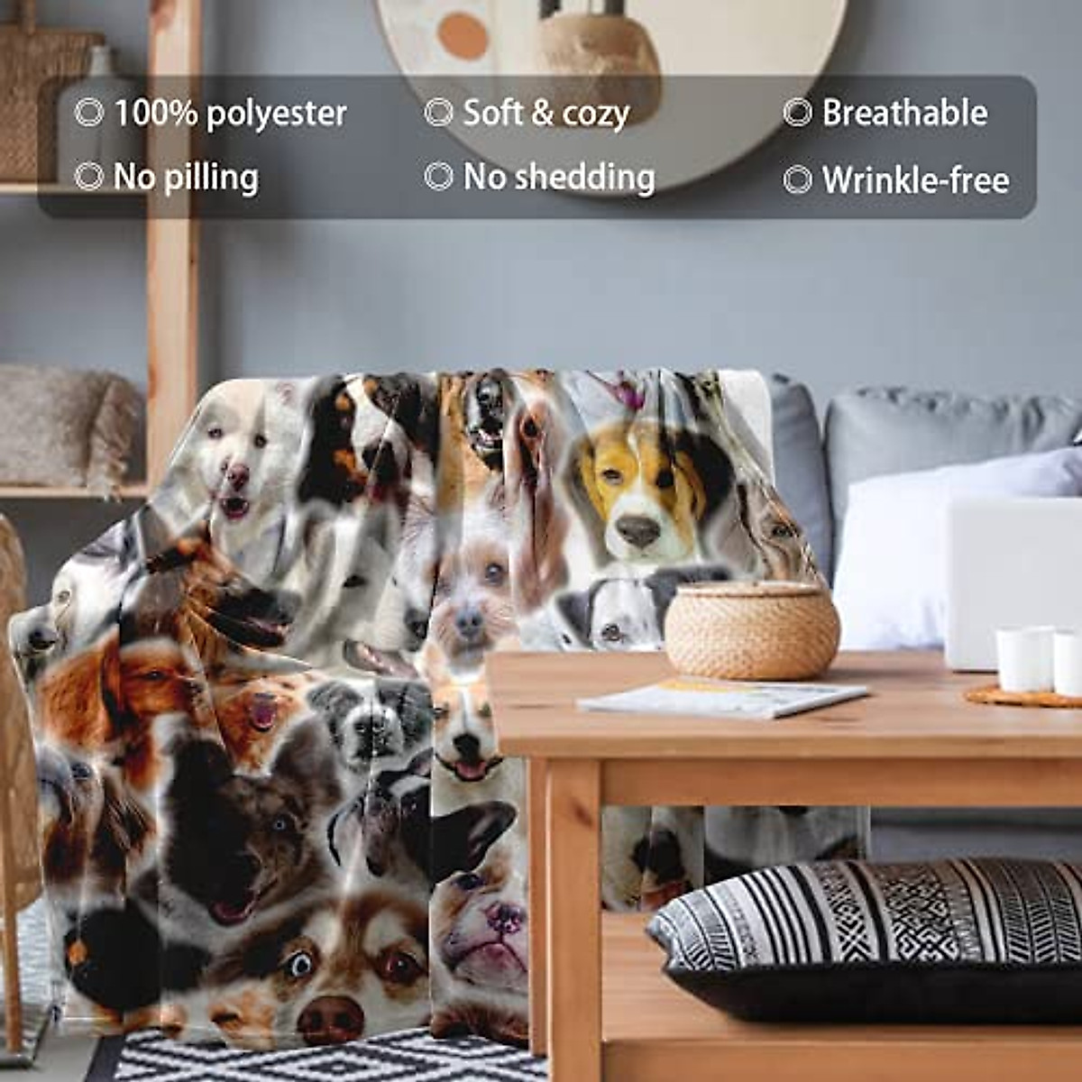 Large Fleece Throw Blanket for Couch Sofa, Fuzzy Soft Cozy Blankets and Throws Warm Lightweight Plush Lap Blanket for Women Men, 50 x 60 inches, Cute Dogs Pattern
