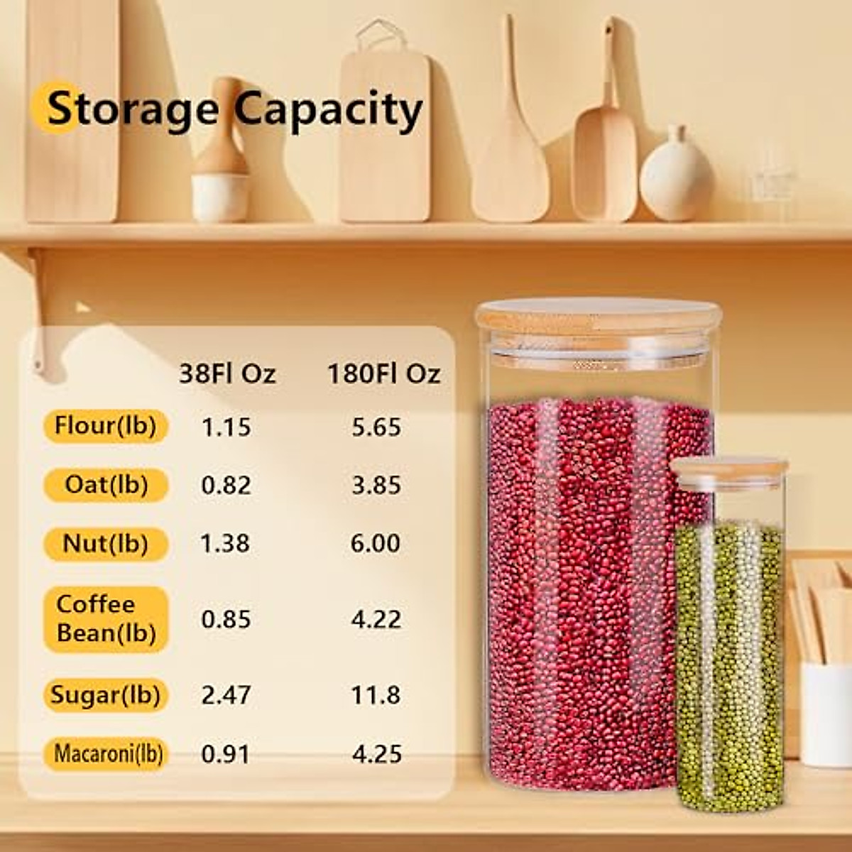 GTJ Large Glass Food Storage Containers with Lids, Glass Canisters 180oz [Set of 2], 1.4 Gallon Glass Jars with Bamboo Lids, Flour Sugar Containers, Airtight Storage Containers for the Kitchen