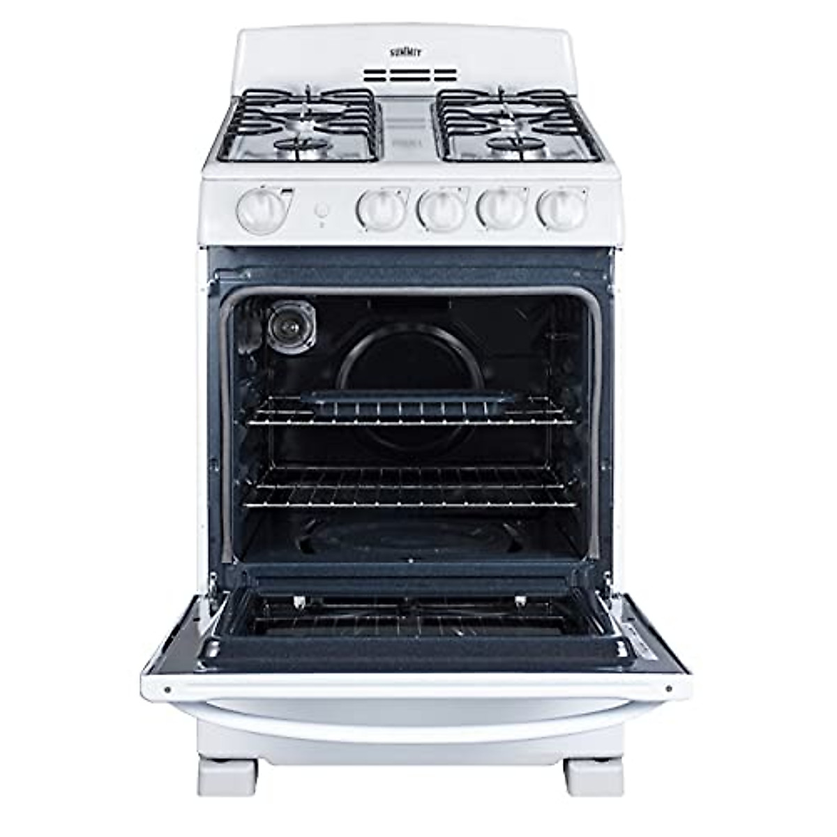 Summit RG244WS 24"" Freestanding Gas Range with 2.9 cu. ft. Oven Capacity Electronic Ignition High Backguard Broiler Drawer Continuous Grates and Safety Brake System for Oven Racks in White