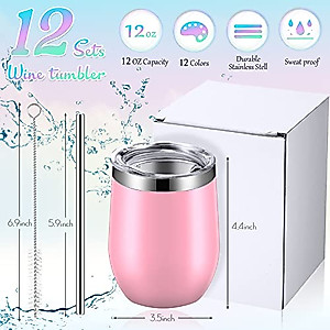 12 Pack Stainless Steel Stemless Wine Tumblers, 12 oz Double Layer Vacuum Wine Tumbler Cups with Lids and Straws, Stemless Insulated Wine Glasses for Coffee, Wine, Cocktails, Champaign, 12 Colors