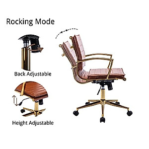 Shunzhi Leather Desk Chair with Armrest PU Leather Office Chair Midback Adjustable Home Computer Executive Chair Swivel Conference Task Chair Managers Chair with Chrome Base, Brown and Gold
