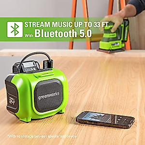 GreenWorks 24V Bluetooth Compact Speaker, AC/DC Wireless Portable Worksite Speaker, 2Ah Battery and Charger Included