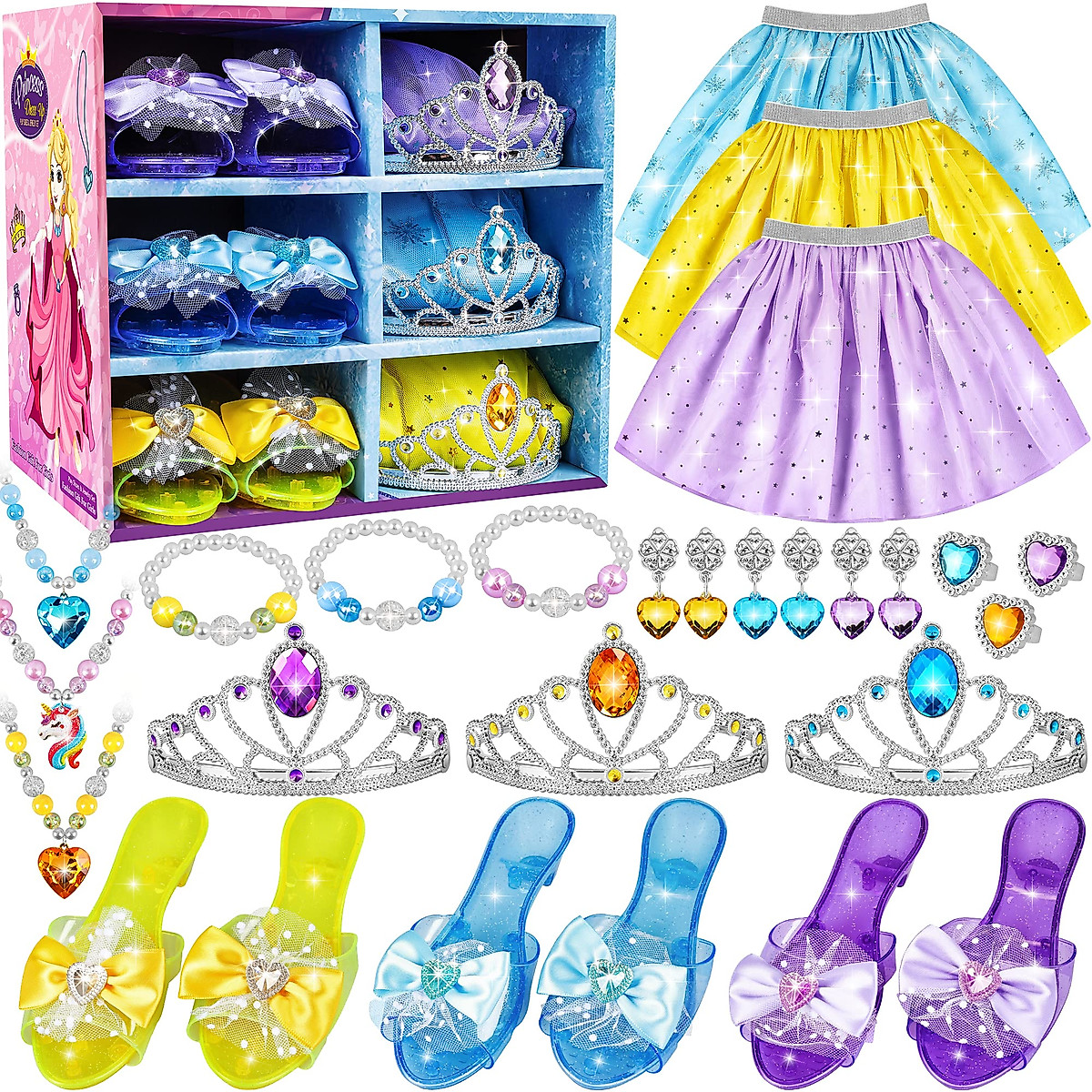 Princess Dress Up Shoes & Jewelry Boutique Girls Role Play Shoes Pretend Jewelry Toys Princess Accessories Set with 2 Pairs of Shoes,Crowns,Cloaks, Princess Gifts Toys for 3 4 5 6 Year Old Girls