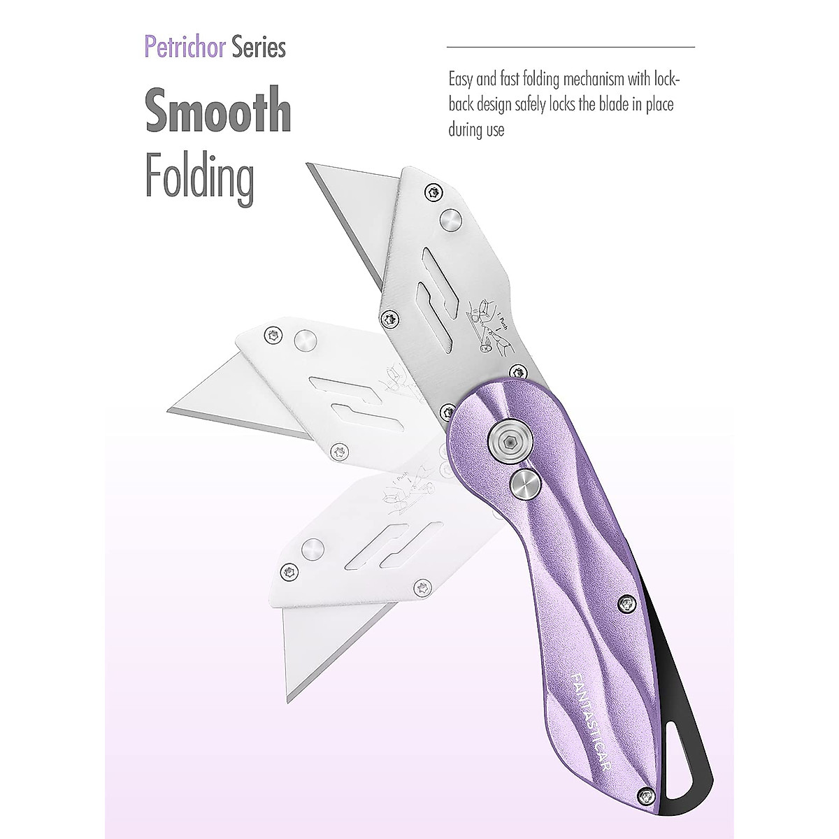 FantastiCAR Fancy Folding Utility Knife Box Cutter Set with Extra Blades (Blue and Purple), Metal Handle