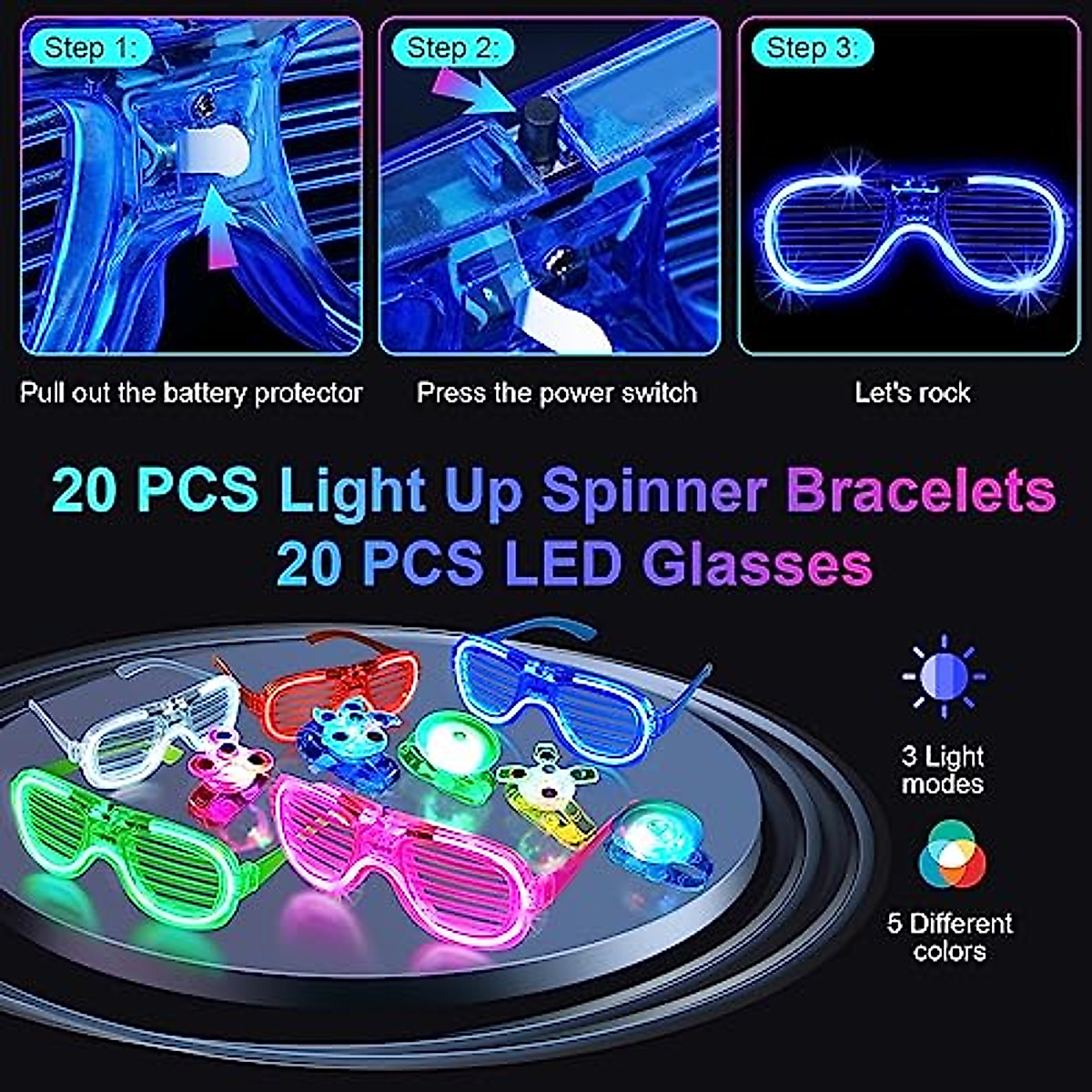 SHQDD140PCS Led Light Up Toys Party Supplies, 20 Flashing Glasses, 20 LED Fidget Spinner Bracelets, 100 Glow Sticks In Dark Party Supplies for Kids Adult, Light Up Party Favors for Birthday Cosplay