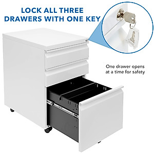 Mount-It! 3 Drawer File Cabinet with Lock and Wheels, Under Desk Storage Filing Cabinet for Home Office, Small Rolling File Cabinet for Legal, Letter, and A4 Files in White
