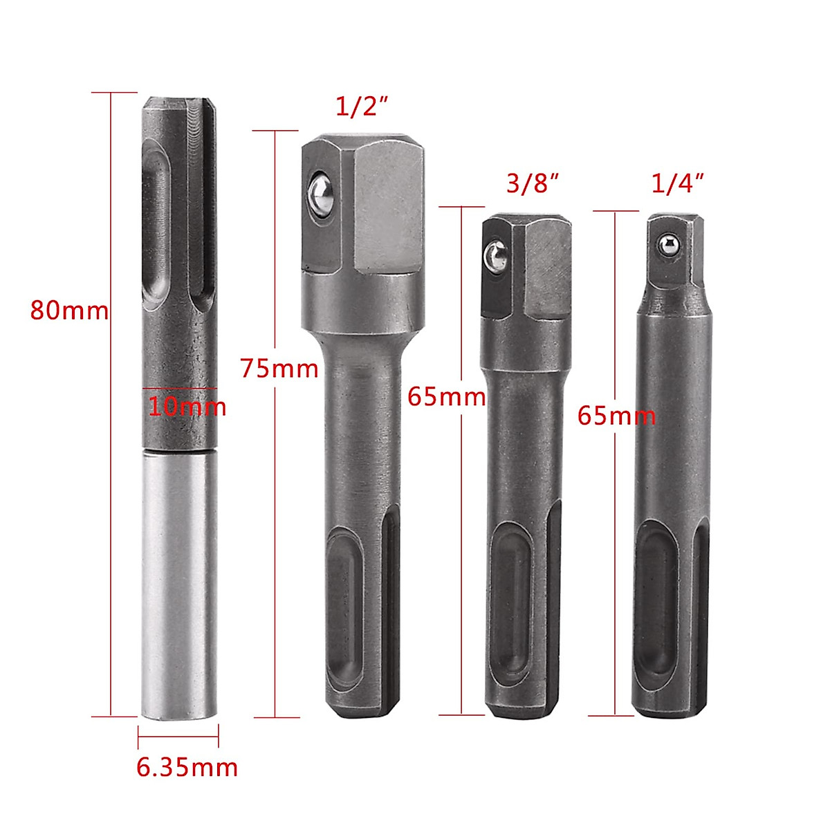 Watris Veiyi 4PCS SDS Plus Socket Adaptor, SDS Plus Extension, 1/4" Hex Shank Drill Bit Set, Impact Socket Adaptor, 1/4"3/8"1/2" Square Extension Connector for Drill and Handheld Driver