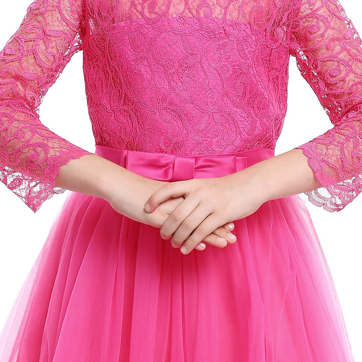 Flower Girl Long Princess Dress Vintage Lace Maxi Gown Kids Formal Wedding Bridesmaid Pageant Tulle Dresses Little Big Girls Elegant Bowknot Dance First Communion Birthday Prom Dresses Hot Pink 5-6Y