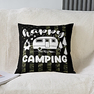 Camo Camping Pillow Case Cover 2 Pack,RV Camper Accessories for Travel Trailers 16"x16" Soft Cushion Cover Reversible Print,Green Camouflage American Flag Throw Couch Sofa Pillow Cover