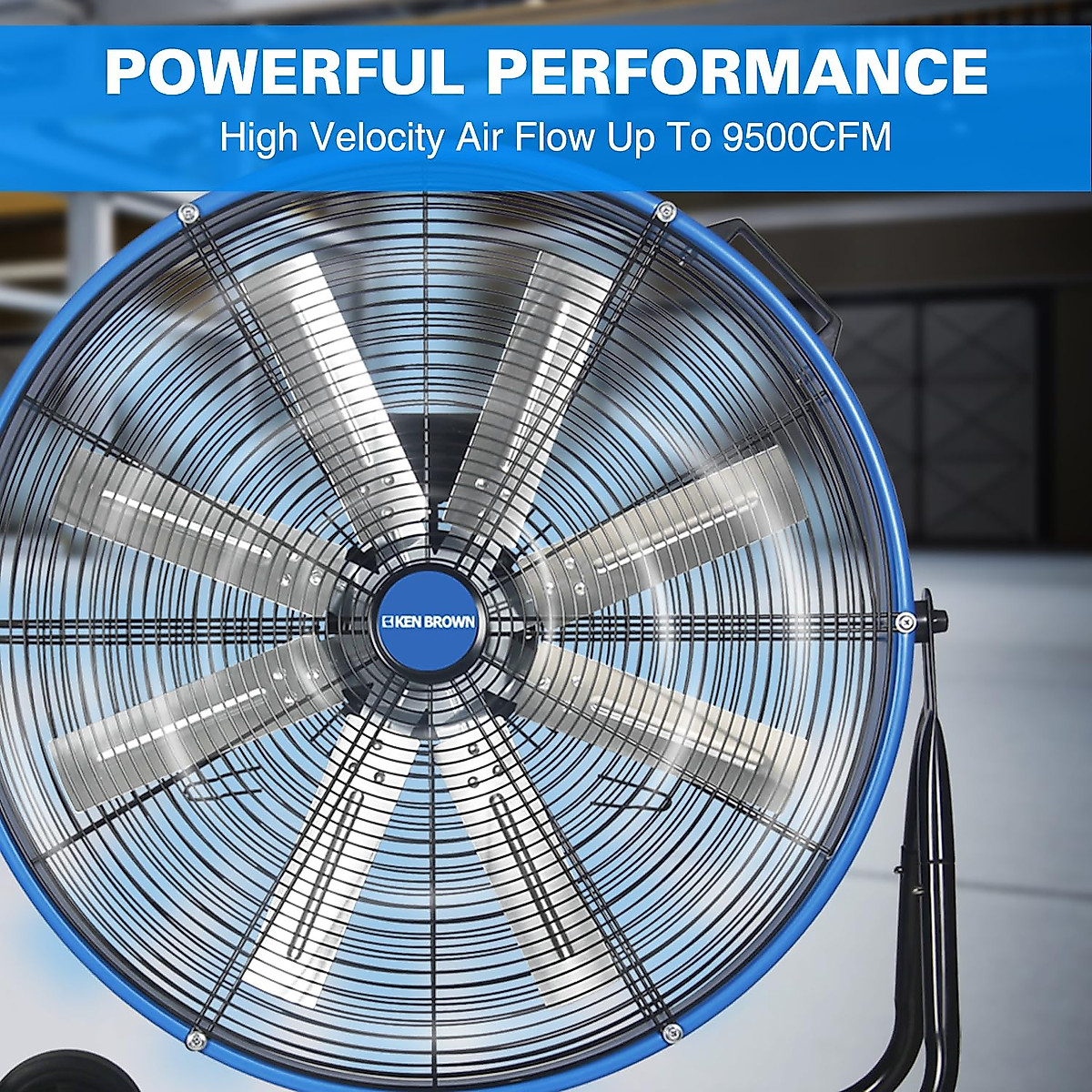 KEN BROWN 24 Inch High Velocity Floor Drum Fan Shop Fans Heavy Duty Blue, 9500 CFM 8 Blades, 3 Speeds, 360 Degree Tilt, Ideal For Industrial Fan, Commercial Fan, Shop Fan, Gym Fan, Garage Fan
