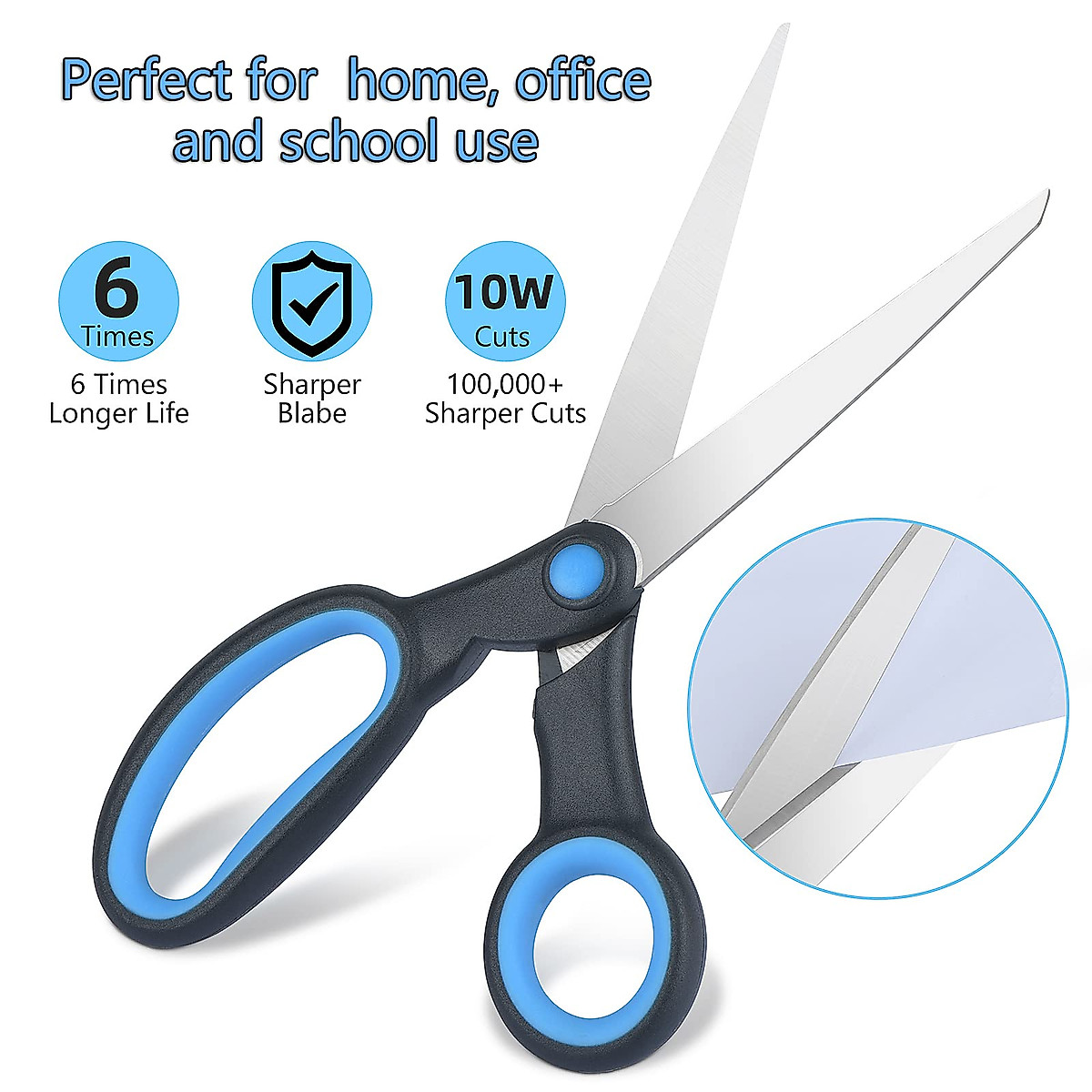 Left Handed Scissors for Adults Kids Student, 8 Inch Lefty Stainless Steel Sharp Blade Soft Comfort-Grip Handles Blunt Scissors, 2-Pack, Blue