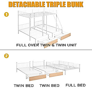 Harper & Bright Designs Metal Triple Bunk Beds with Storage, Full Over Twin & Twin Bunk Beds with Drawers,3 Bed Bunk Bunk for Kids, Girls, Boys,Teens, Adults,Can be Separated into 3 Beds, White