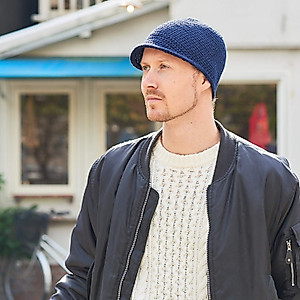 CHARM Mens Kufi Beanie Hat - Brimmed Skull Cap Cotton Chemo Billed Hats Black