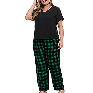 KAMONG Women Plus Size Pajamas Set Plaid Lounge Pants V-Neck Long/Short Sleeve Cotton T Shirt 2 Piece Sleepwear Green