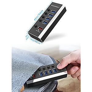 Powered USB Hub Rosonway Aluminum 5 Port USB Hub Expander with 4 USB 3.0 Data Ports and 1 Fast Charging Port, USB Hub 3.0 Splitter with 24W(12V/2A) Power Adapter and Individual Switches (RSH-A35)