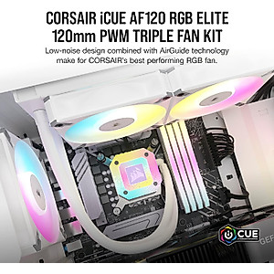 Corsair iCUE AF120 RGB Elite 120mm PWM Triple Fan Kit - Eight RGB LEDs Per Fan - AirGuide Technology - Fluid Dynamic Bearing - Zero RPM Fan Mode - Included iCUE Lighting Node CORE Controller - White