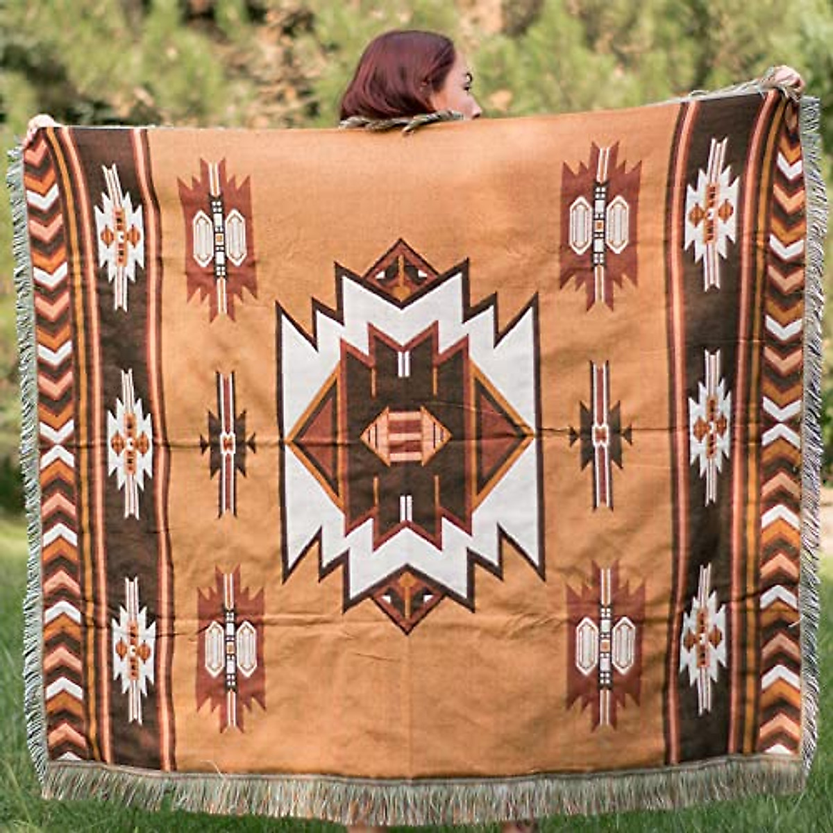 CCHYF Aztec Throw Blanket Native American Blanket Southwestern Boho Decor Reversible Woven Tassels Mexican Blankets and Throws for Couch Bed Chair Wall Tapestry Livingroom Outdoor Beach Brown 51"x63"