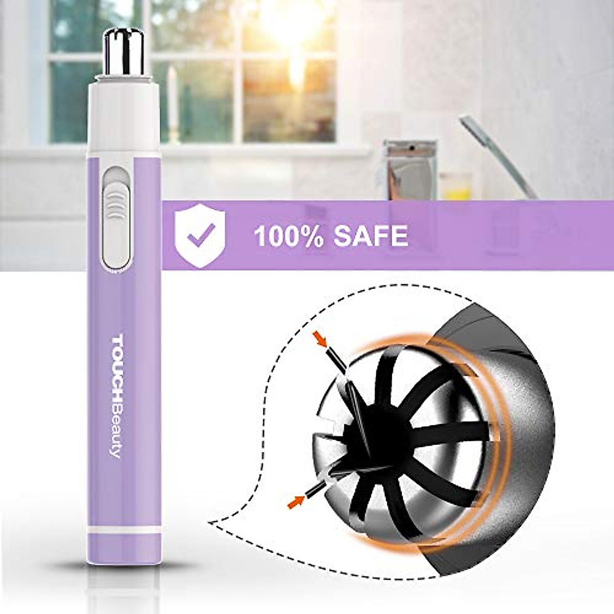 TOUCHBeauty Ear Nose Hair Trimmer for Women |Metal Cover, Safe Cutter System, Mini Pen-Sized, Battery Powered Violet Color 0656