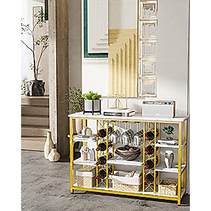 Teraves Modern Wine Rack Table, 47 Inch Wine Baker's Rack with Storage Shelves, 4 Tier Freestanding Wine Rack for Bar, Buffet, Home Kitchen Dining Room Living Room (White Marbling+ Gold Frame)