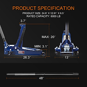 TCE ATZ830026XU Torin Hydraulic Ultra Low Profile Heavy Duty Steel Service/Floor Jack with Dual Piston Quick Lift Pump, 3 Ton (6,000 lb) Capacity, Blue