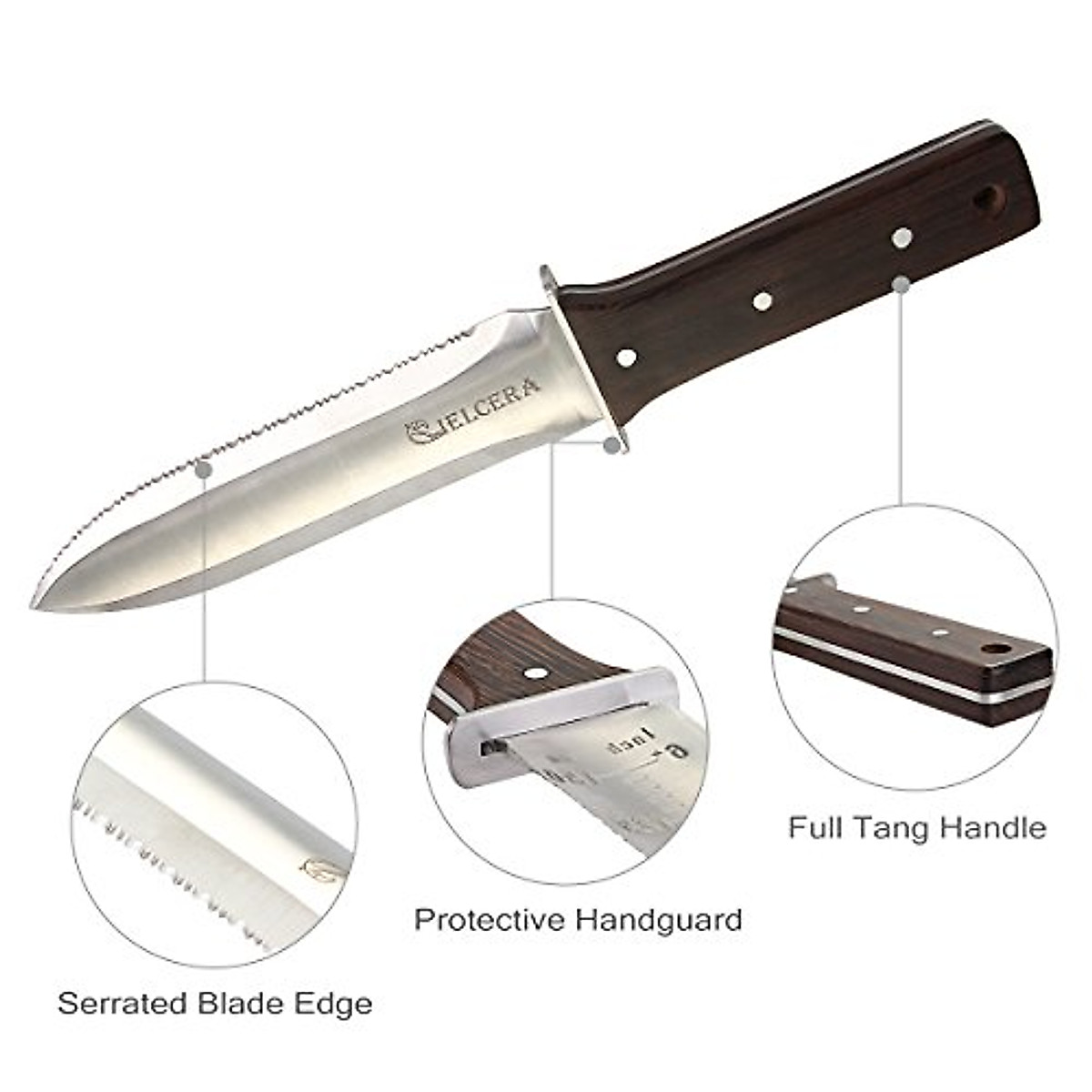 CIELCERA Hori Hori Garden Knife with Diamond Sharpening Rod, Protective Sheath and Extra Sharp Blade - in Gift Box