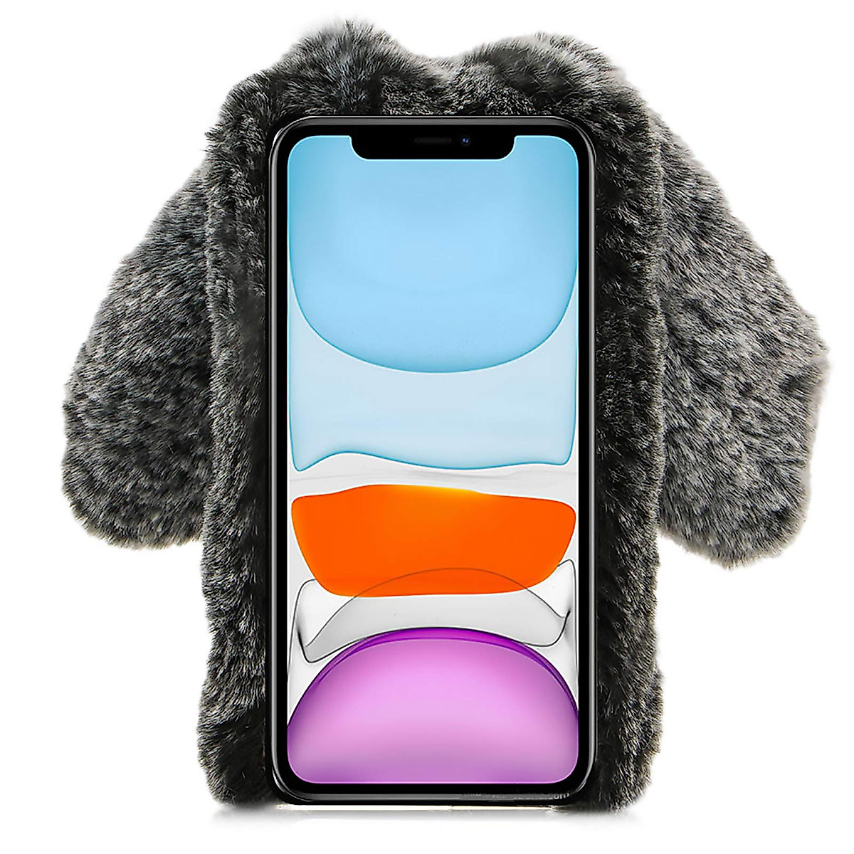 for iPhone XR Rabbit Case,MOIKY Plush Crossbody Cute Fluffy Bunny Ears Hairball Winter Soft TPU Case for Women Bling Rhinestone Shockproof Silicone Bumper Protection Cover - Black