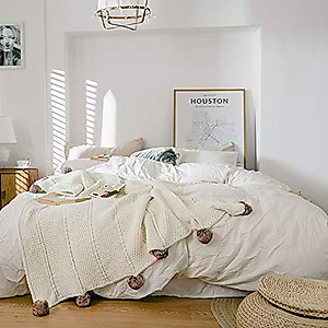 DONEUS Pom Pom Throw Blanket, Off-White Microfiber Soft Warm Handmade Knit Throw Blankets for Couch, Sofa, Chair, Office Travel Lightweight Bed Blanket - 51"x63"