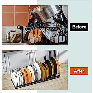 Daddynme Expandable Pot and Pan Organizers Rack, 10+ Pans and Pots Lid Organizer Rack Holder, Kitchen Cabinet Pantry Bakeware Organizer Rack Holder with 10 Adjustable Compartments