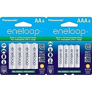 Panasonic Eneloop AA and AAA 2100 Cycle Ni-MH Pre-Charged Rechargeable Batteries Bundle (8 Pack of Each)