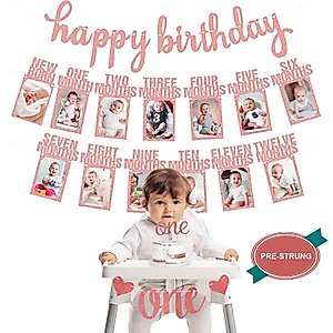 1st Birthday Baby Photo Banner, Happy Birthday Banner 17pcs First Birthday Decorations for Girl Newborn to 12 Months, First Birthday Photo Banner Garland Bunting with ONE Cake Topper, Rose Gold
