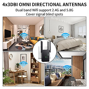 PAKESI WiFi Extender Signal Booster, 4 Antennas 360° Degree Full Coverage WiFi Extender Signal Amplifier,with AC1200 Dual Band Wireless Signal Booster,Coverage up to 2640sq.ft and 25 Devices