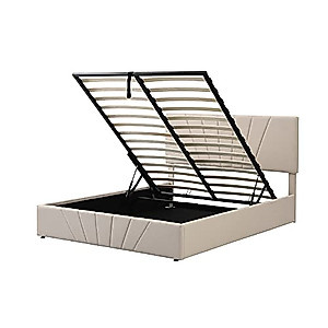 CITYLIGHT Upholstered Queen Platform Bed Frame with Storage, Queen Size Bed with Gas Lift Up Storage, Wooden Queen Storage Bed with Tufted Headboard and Hydraulic Storage System,Beige