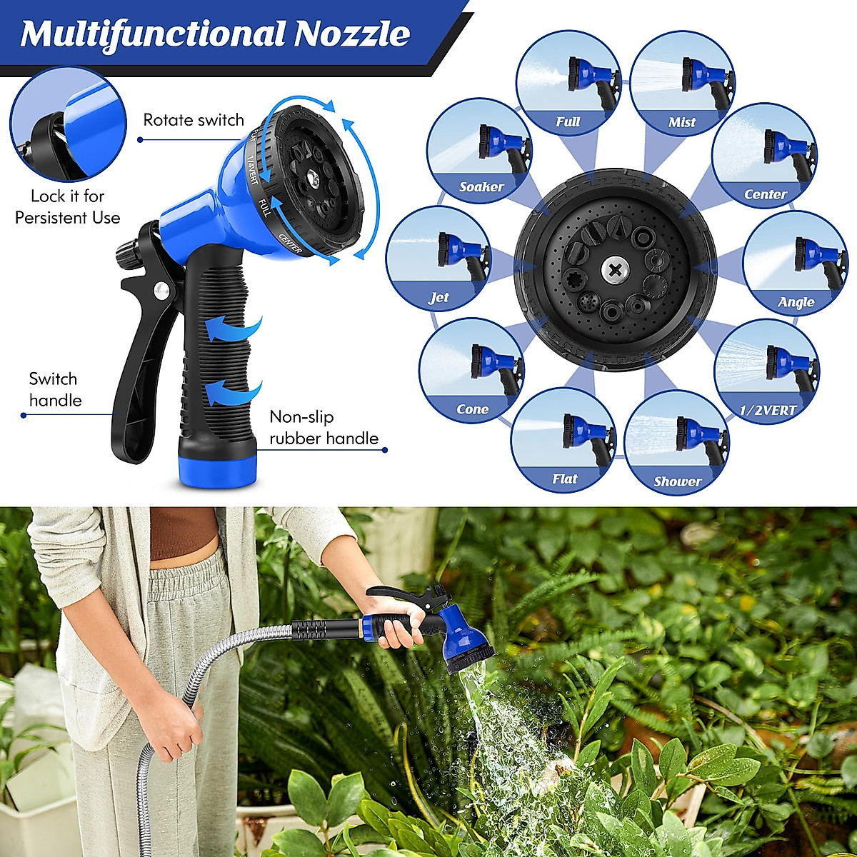 BAZOLOTA Garden Hose 50ft, Metal Stainless Steel Water Hose with Nozzle, Lightweight, Flexible and Sturdy, Anti-Wear and Puncture-Proof, No Kink, Suitable for Yards and Outdoor