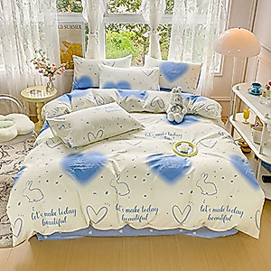 BlueBlue Rabbit Kids Duvet Cover Set Twin, 100% Cotton Bedding for Boys Girls Teens Single Bed, Cartoon Bunny Blue Heart on White, 1 Cute Kawaii Comforter Cover 2 Pillowcase (Twin, Rabbit Blue)
