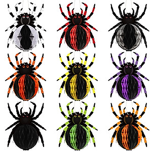 Containlol 9 Pieces Halloween Spider Decorations Halloween Tissue Spiders Honeycomb Spider Hanging Card Crafts for Home School Classroom Office Indoor Outdoor Halloween Decoration Supplies