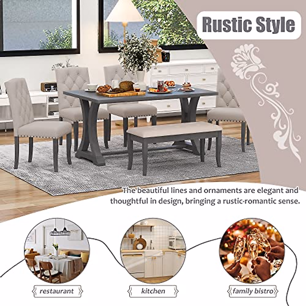 Morhome 6-Piece Dining Set with Bench, Kitchen Funiture with 4 Upholstered Chairs for Home Restaurant