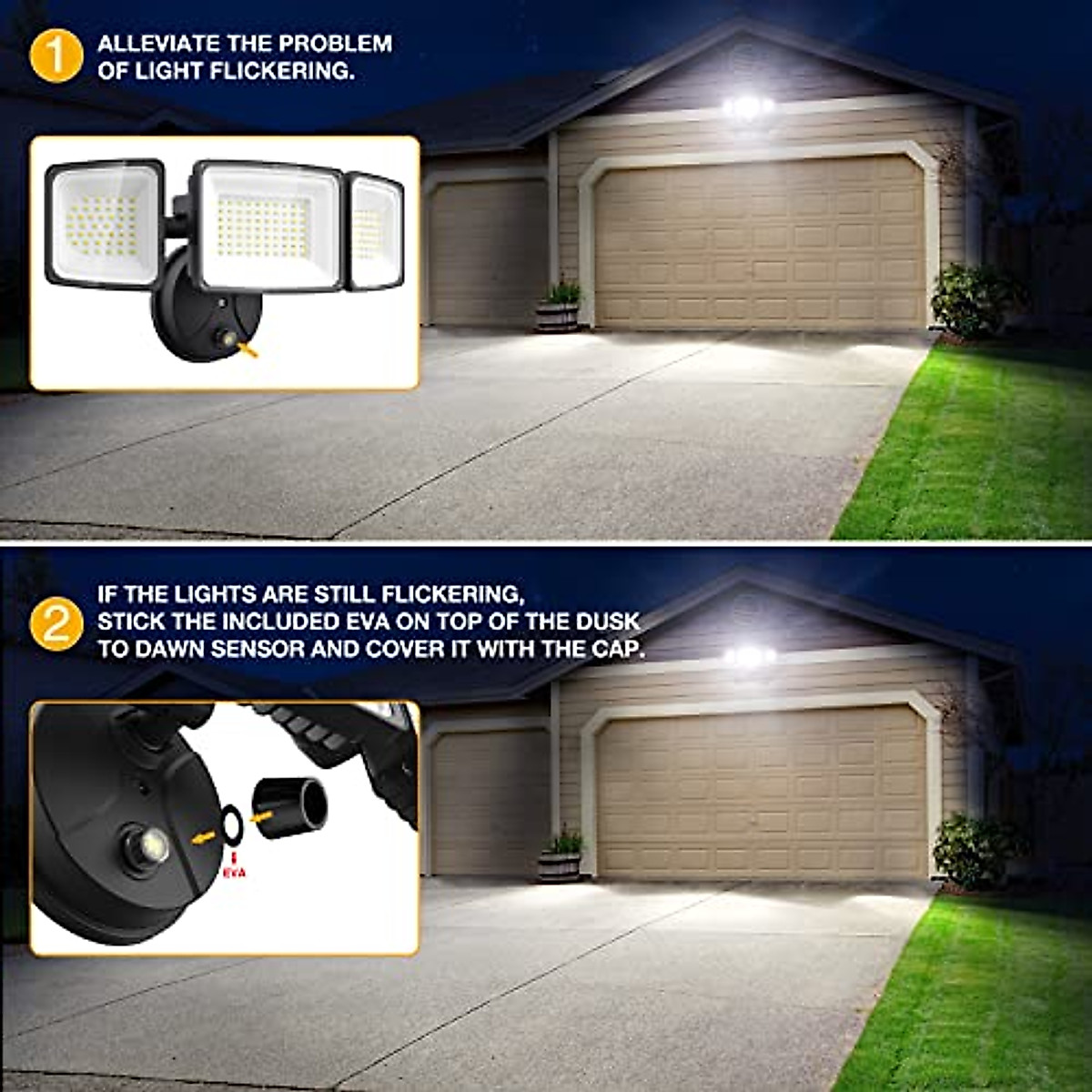 Onforu 100W Dusk to Dawn Led Outdoor Light, 9000LM Exterior Flood Security Lights, IP65 Waterproof 3 Adjustable Heads Security Lights Fixture, 6500K White Floodlights for Garage, Patio, Yard