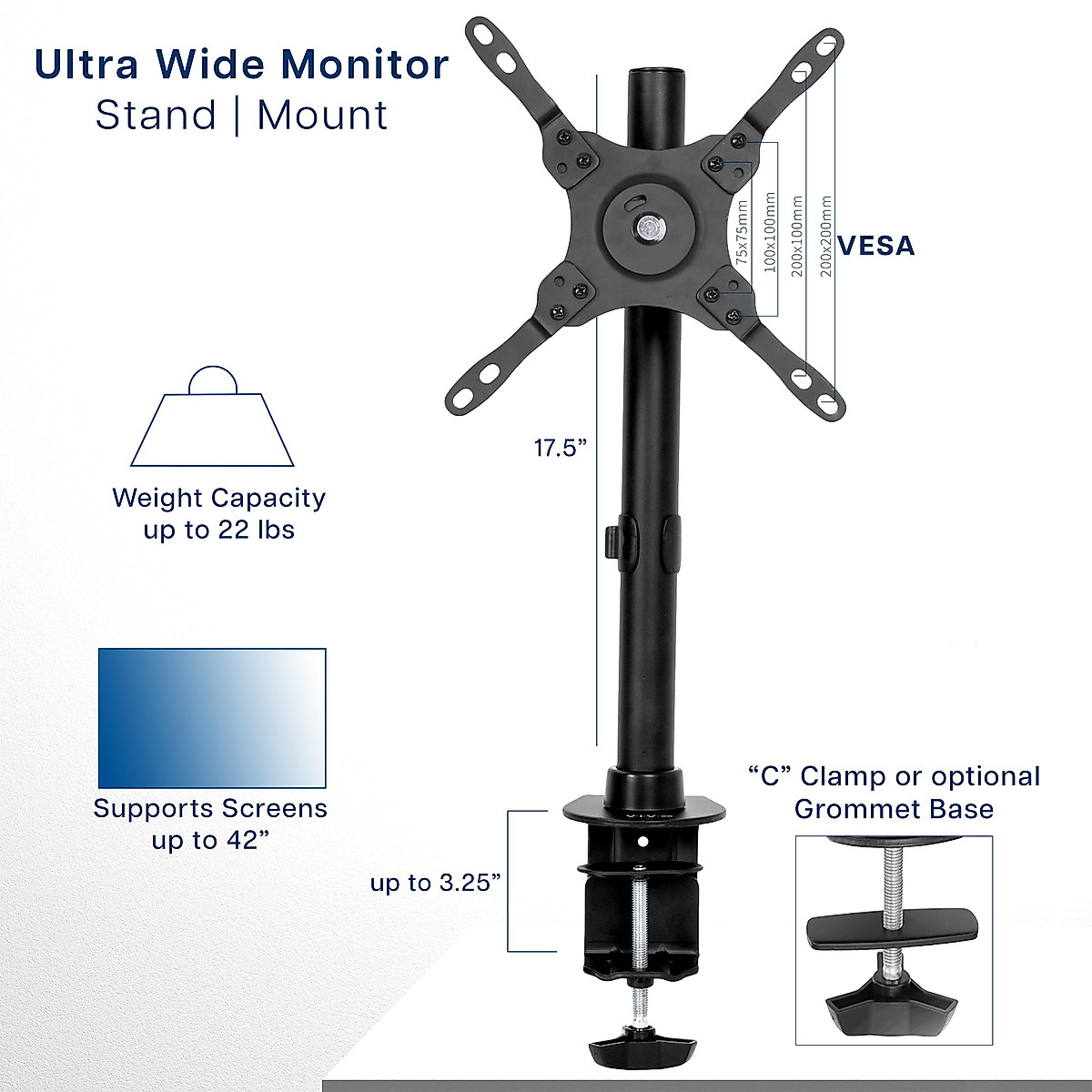 VIVO Ultra Wide Screen TV and Monitor Desk Mount, Adjustable Height and Tilt Stand for Screens up to 42 inches, Black, STAND-V101C