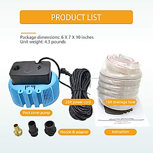 Pool Cover Pump Above Ground Sump Pumps Water Pump 850GPH Water Removal With 3 Adapters 16ft Drainage Hose (Blue)