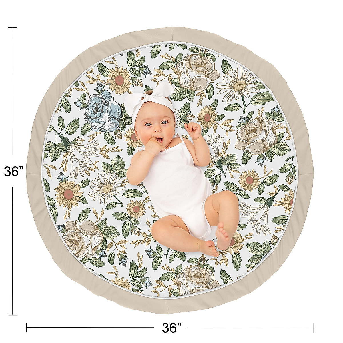 Sweet Jojo Designs Vintage Floral Blue Yellow Girl Baby Playmat Tummy Time Infant Play Mat - Slate Green Gold Orange Taupe Beige White Shabby Chic Rose Flower Boho Bohemian Farmhouse Roses Wildflower