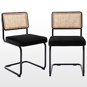Zesthouse Rattan Dining Chairs Set of 2, Velvet Accent Chairs with Natural Cane Back & Stainless Chrome Base, Modern Mid Century Breuer Designed Chairs, Upholstered Dining Room Kitchen Chairs