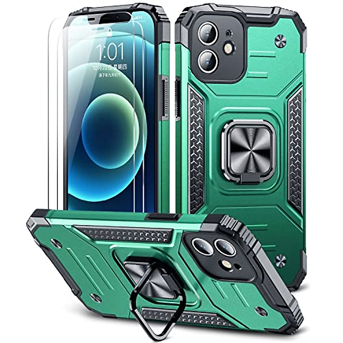 VOMODI Compatible for iPhone 12 Case,with Screen Protector 2Pcs,Heavy Duty Shockproof Bumper,with Magnetic Stand Ring & Camera Cover,Hard Protective Phone Cases for iPhone 12 6.1 inch Green